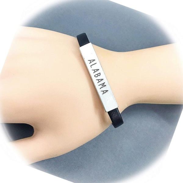 商品名Accessory Black Bohemian Leatherette Antique Silver Color Alabama AL State Bar Bangle Bracelet Pendant Charm Set for ...