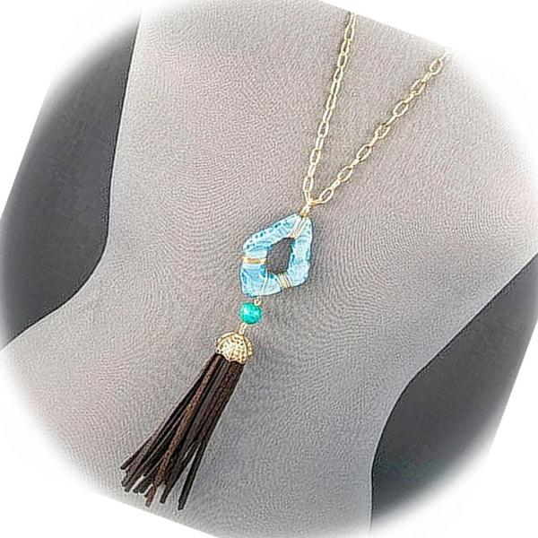 商品名Accessory Gold Color Chain Blue Stone Like Turquoise Ball Bead Soft Brown Tassel Necklace Pendant Charm Set for Women...