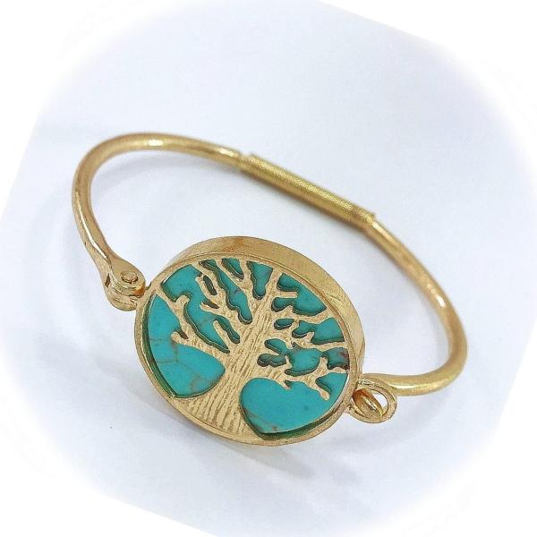 商品名Accessory Matte Gold Color Finished Tree of Life Design Circle Turquoise Stone Bangle Bracelet Pendant Charm Set for ...