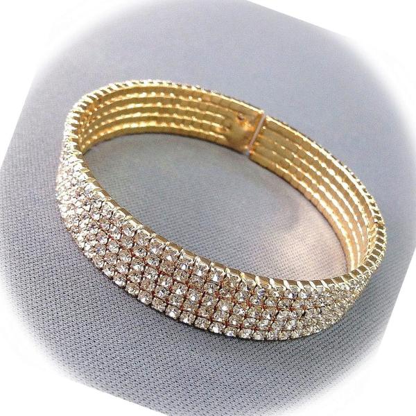 商品名Accessory Gold Color Finished 5 Row Clear Rhinestones Decorate Stretchable Cuff Bangle Bracelet Pendant Charm Set for...