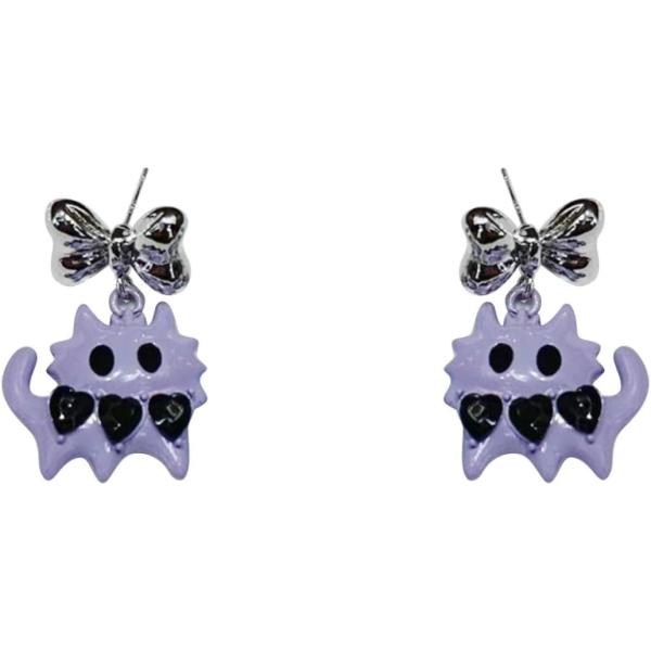 商品名Sweet Cool Bow Cat Pink Heart Color Zircon Earrings Accessories for Girls Rectangle Hoop Earrings (Purple, One Size)ブ...