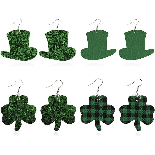 商品名4 Pairs St Patricks Day Earrings for Women Leather Shamrock Earrings Irish Green Dangle Earrings for Girls Green Hat ...