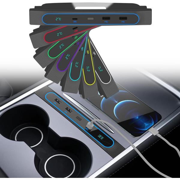 商品名BoxCheer HUB ドッキングステーション 2021 2022 Tesla Model 3 / Y用 アップグレード 7色 調整可能 アンビエントライト センターコンソール スマートセンサー マルチポート 拡張ドック 充電ディス...