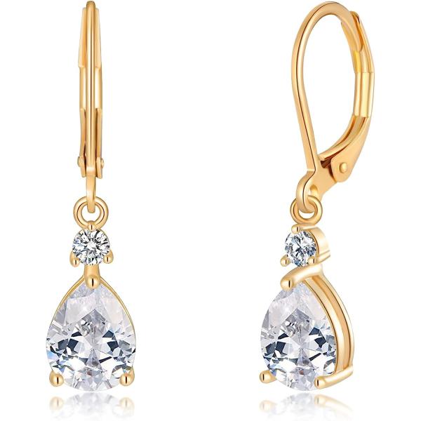 商品名CiNily Leverback Dangle Earrings for Women Girls 14K Gold Plated Drop Earrings White Cubic Zircon Fashion Teardrop Ho...