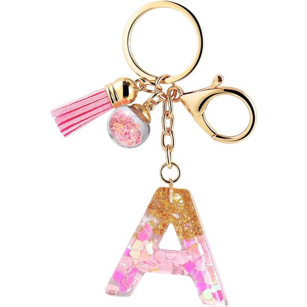 商品名Fuqimanman2020 ラメ文字 A-Z キーホルダー ゴールド ピンク 樹脂 アルファベット イニシャル 文字 ペンダント アクセサリー ピンクのガラスボール付き, A, SmallFuqimanman2020 Glitter...