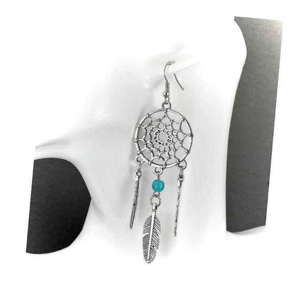 商品名Silver Dream Catcher Earrings Dangle Feather Bead 3.5"" Long Turquoise Adorable Statement Jewelry Earrings for Womenブ...