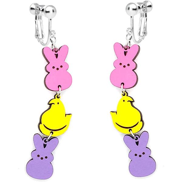 商品名Personalized Cute Rabbit Chicken Clip on Earrings Non Piercing Girl Easter Gift Three Piece Hanging Wooden Bunny Earr...