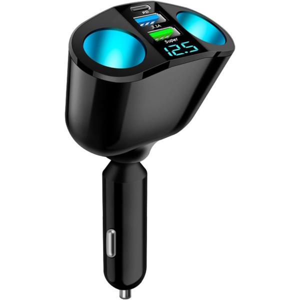 商品名Car Cigarette Lighter Splitter, 2-Socket Cigarette Lighter Adapter with LED Voltmeter, Dual USB QC3.0 Type-C 20W PD F...