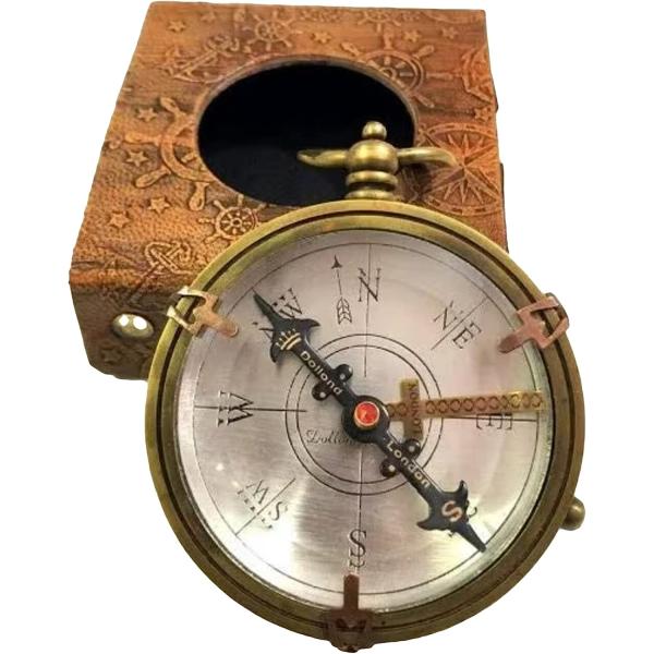 商品名Compass Solid Brass Round Silver Dial Compass 2.5"" Brass Navigation Compass with Leather Box Collectible Nautical Hi...