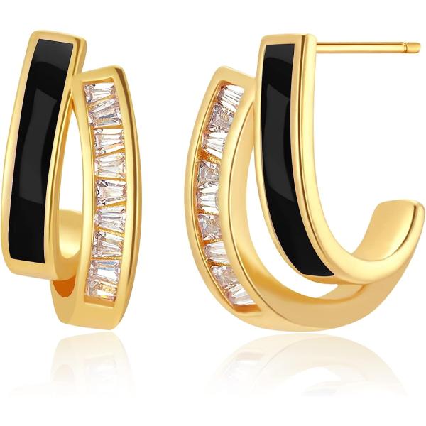 商品名MORAOWA Black Gold Double Hoop Earrings for Women 14K Gold Plated Illusion Split Half Open Cubic Zirconia Hoop Earrin...