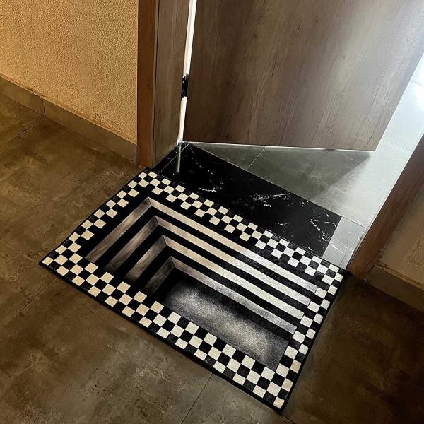 商品名3D Vortex Illusion Square Rug Outdoor Mat Black and White Checkerboard Trap Floor Mat Decor Indoor Carpet Vortex Rug1...