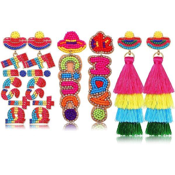商品名3 Pairs Cinco De Mayo Earrings for Women Beaded Fiesta Earrings, Colorful Pinata Chili Sombrero Earrings Layered Tass...
