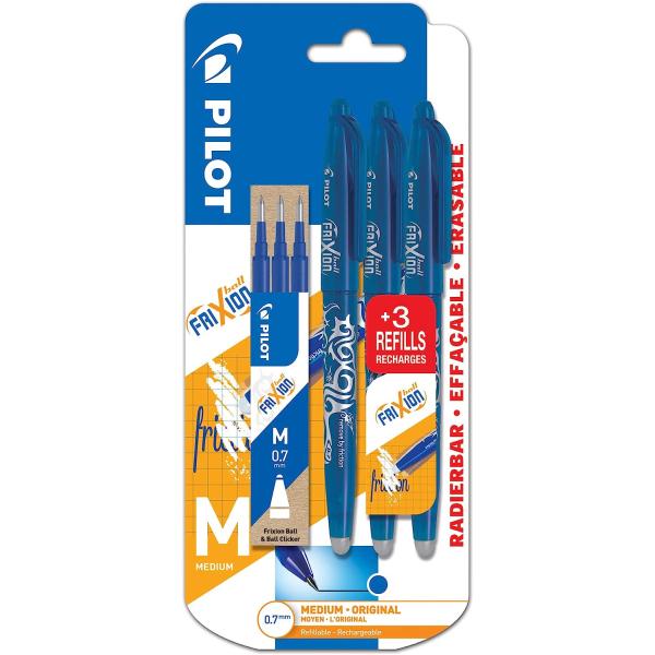 商品名Pilot Frixion Ball Erasable Rollerball Pens FR7 - Medium 0.7mm Nib Tip - Blister Pack of 3 Pens + 3 Refills - Blue In...