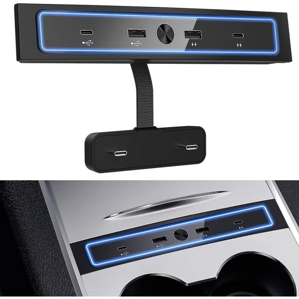 商品名Upgraded Car USB Charger for Tesla Model 3/Y 2021-2023, 4-in-1 Multiport USB Hub Docking Station with Blue Led Light ...