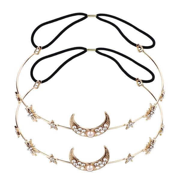 商品名KALLORY 2pcs Star Moon Hair Band Head Pieces for Woman Girl Ornaments Rhinestone Hair Accessories Crystal Head Chain ...