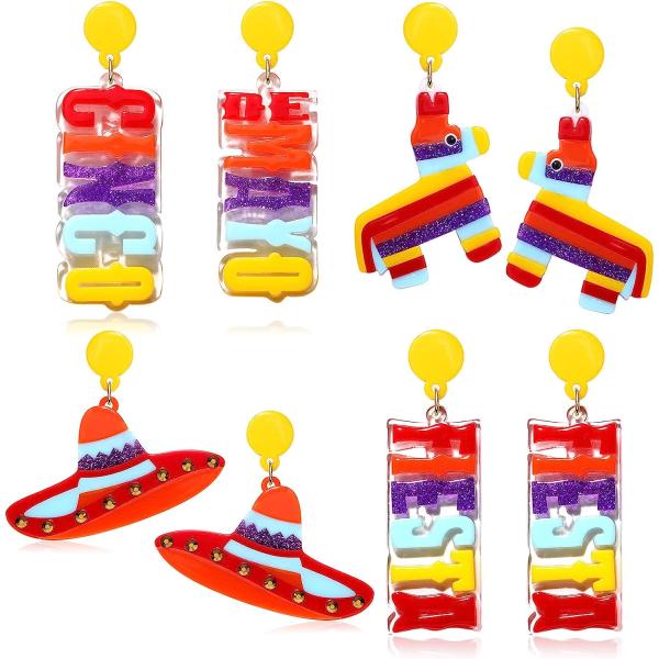 商品名4 Pairs Cinco De Mayo Earrings Mexican Earrings for Women Colorful Acrylic Fiesta Pi ata Sombrero Chili Cactus Drop D...