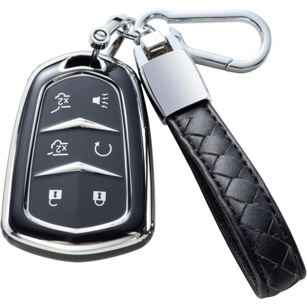 商品名CHEZENHUI キャデラック C6 ボタンキーフォブカバー ブラックCHEZENHUI Compatible with Cadillac Key Fob Cover with Leather Lanyard, Car Key Ca...