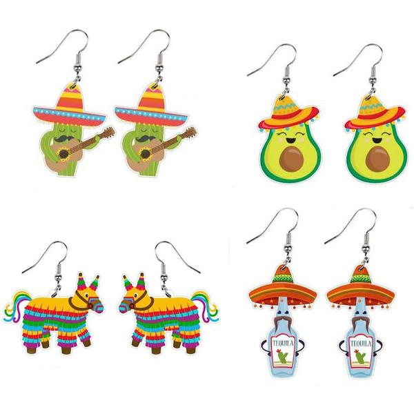 商品名4Pairs Cinco De Mayo Pi ata Sombrero Maracas Chili Pepper Racket Horse Hat Avocado Cactus Drop Dangle Earring Set for...