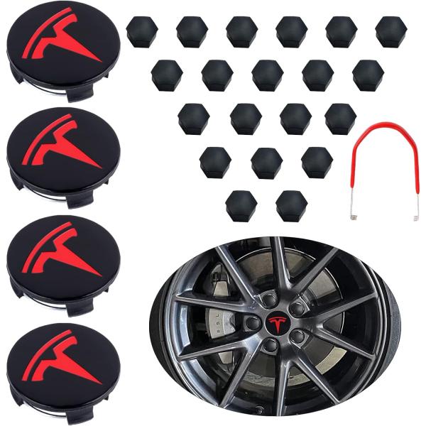 商品名ブラックシルバー ホイールセンターキャップキットとラグナットカバー Tモデル3/Y/S/Xに対応 (ハブセンターキャップ4個 + ラグナットカバー20個)4Pcs Black Silver Wheel Center Cap Kit a...