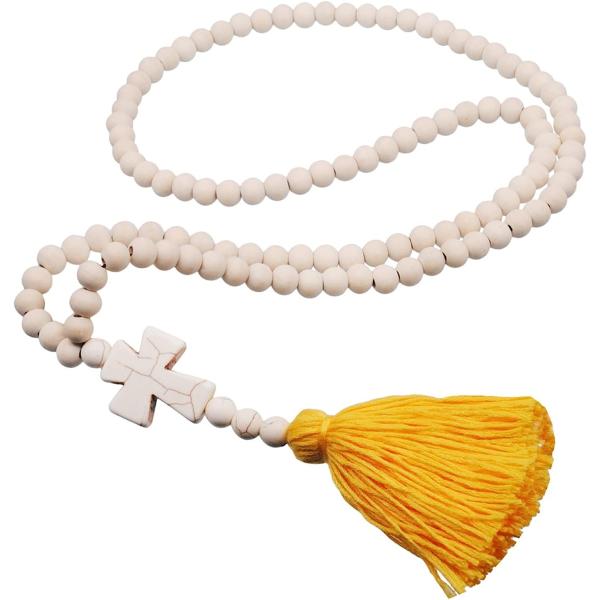 商品名Bohemian Ethnic White Turquoises Cross Long Necklaces for Women Wooden Beads Tassel Sweater Strand Pendant Necklace B...