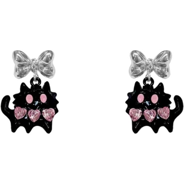 商品名2023 New Sweet Cool Bow Cat Pink Heart Color Zircon Earrings Accessories for Girls Dangling Heart Earrings (Black, On...