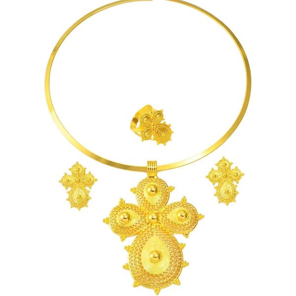 商品名N-Made 美しいエチオピアジュエリーセット 女性用アフリカジュエリーセット エチオピアビッグクロスジュエリーセット チョーカー ペンダント イヤリング リング ゴールドカラー アフリカ エリトリア 伝統的なウェディング, 亜鉛, ...