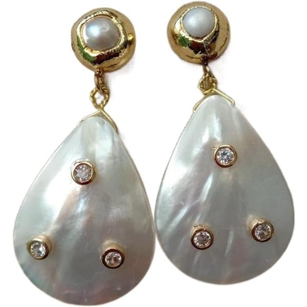 商品名EWNICE Natural Teardrop White Shell White Cultured Pearl Cz Pave Gold Color Plated Stud Earrings Summer Beach Ladies ...