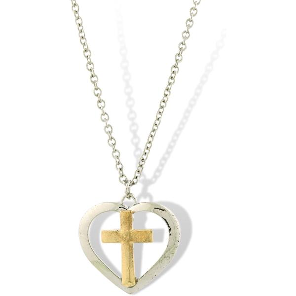 商品名ツートンカラー 十字架ネックレス 宗教的なハートのアクセサリー 女の子への初聖体拝領と堅信礼のギフト 1インチペンダント 18インチチェーン, 亜鉛, 宝石なしTwo Toned Cross Necklace, Religious H...