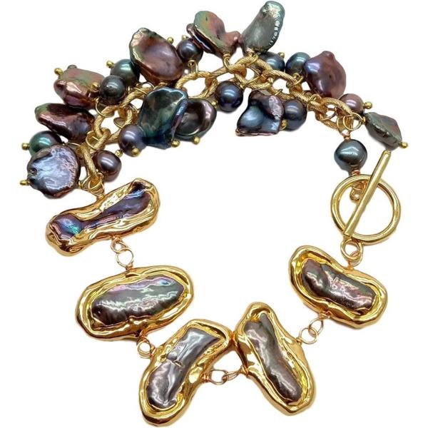商品名EWNICE Punk Natural Cultured Black Biwa Freshwater Pearl Keshi Pearl Gold Color Plated Chain Bracelet 8"" Handmade fo...