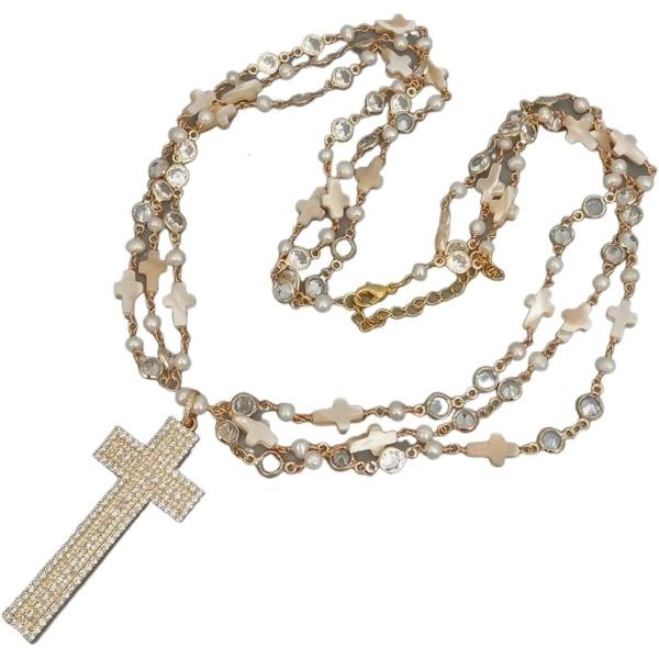 商品名EWNICE Cultured White Pearl Carved Shell Crucifix Cz Rosary Chain Necklace Cubic Zirconia Pave Crucifix Pendant 23""ブ...
