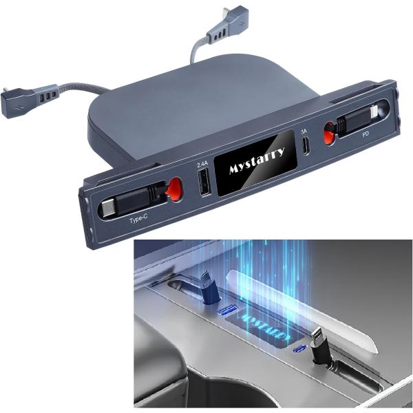 商品名Mstarry テスラモデル3/Y USBハブ 伸縮式充電ライン2本付き テスラモデル3/Y 充電器アクセサリー センターコンソールにフィット テスラ電話充電器 2021 2022 2023 テスラモデル3/Y用Mstarry Tes...