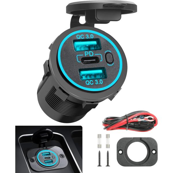商品名ESEWALAS 車用充電器ソケット 12V USB電源コンセント スイッチ付き 防水 車のUSBポート付き PD 20W USB-C デュアルQC3.0ポート 高速充電 USB充電器ソケット DIYキット 車 ボート バス トラック...