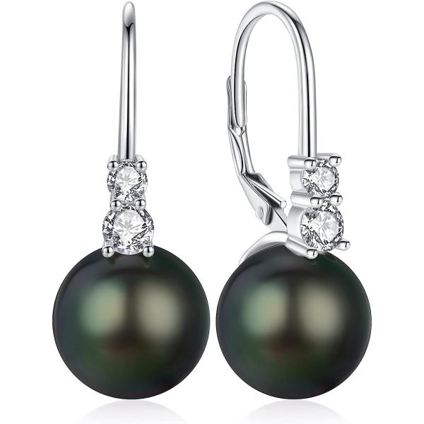 商品名Dickbe Black Pearl Earrings for Women 925 Sterling Silver Pearl Dangle Leverback Earrings with 5A Cubic Zirconia Pear...