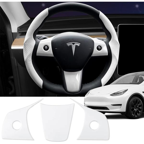 商品名CusDusk 3PCS Steering Wheel Wrap Kit for Tesla Model 3/Y, Steering Wheel Decorative Patch Protector Cover Stick-On In...