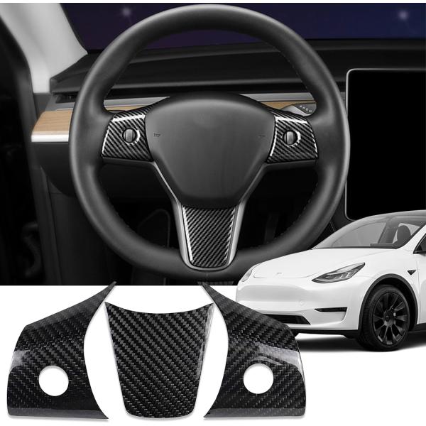 商品名CusDusk 3PCS Steering Wheel Wrap Kit for Tesla Model 3/Y, Carbon Fiber Steering Wheel Decorative Patch Stick-On Insta...