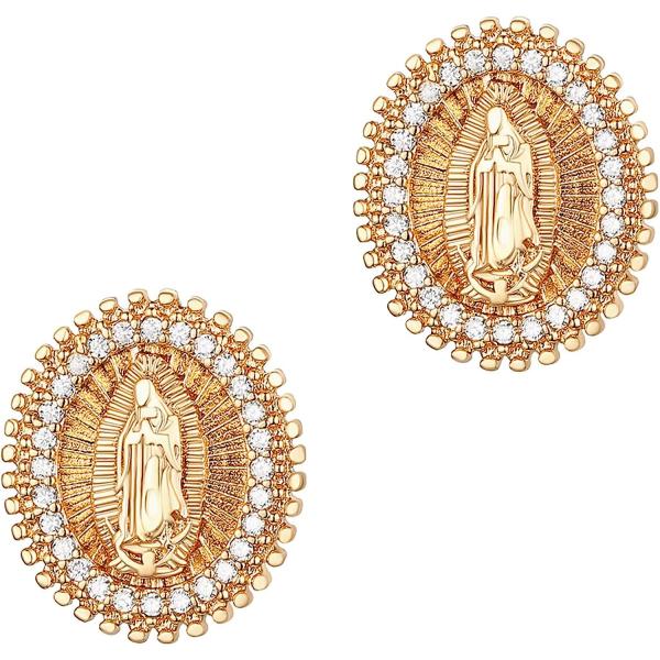商品名HZMAN 14K Gold Plated Virgin Mary Stud Earrings Hypoallergenic Cubic Zirconia Our Lady of Guadalupe Stud Earring for ...