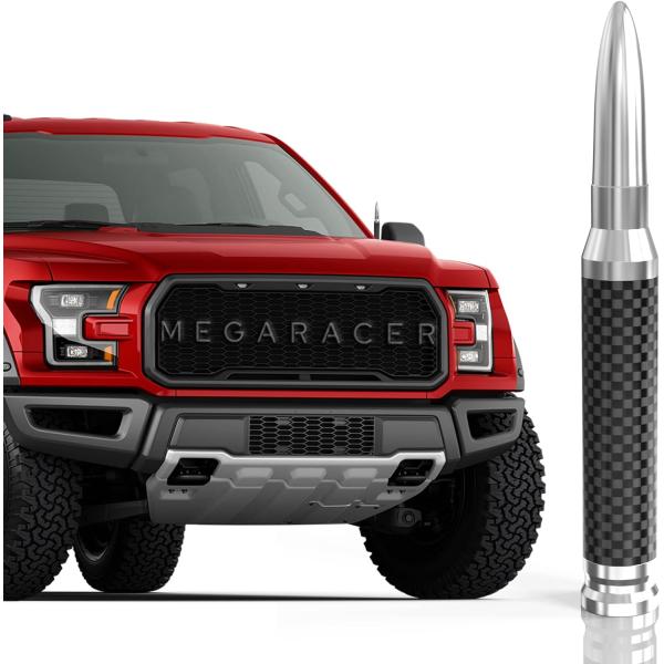 商品名Mega Racer 100%本物のカーボンファイバーシルバーアンテナ トラック 車 SUV用 - 5.5インチ ユニバーサルフィット 6061ソリッドアルミニウム 盗難防止設計 洗車対応 自動車用アンテナ交換 1個パックMega R...
