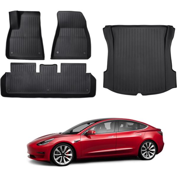 商品名BASENOR Tesla Model 3 Floor Mats Set All Weather Waterproof TPE Trunk Mat Anti-Slip Interior Liners Front Rear Cargo ...