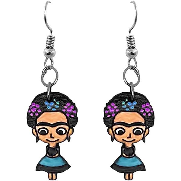 商品名Wooden Frida Artist Inspired Graphic Dangle Earrings - Womens Fashion Handmade Jewelry Boho Accessories (Turquoise)ブラ...