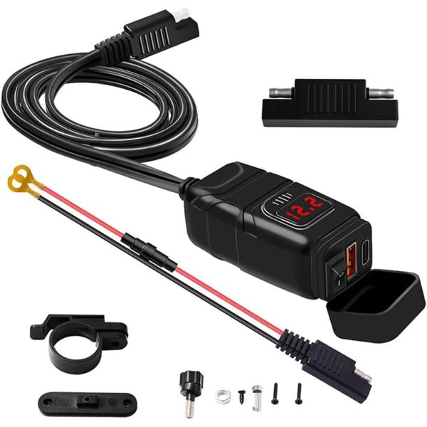 商品名Ankuee オートバイ用USB電話充電器 防水 SAE - USBアダプター 電圧計とオン/オフスイッチ付き デュアルUSBクイックチャージ3.0充電器 オートバイアクセサリー 携帯電話、タブレット、GPSなど用 (レッド)Anku...