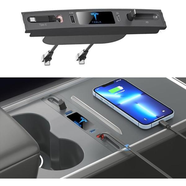 商品名Tesla センターコンソールドッキングステーション Tesla Model 3/Y 2021 2022 2023用ドッキングステーションアクセサリー 格納式ケーブル2個とポート2個付き 27W PD高速充電対応Tesla Cente...