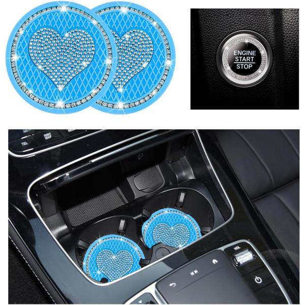 商品名Ziciner 車用カップホルダーコースター 2個 ハートキラキラクリスタルラインストーン オートカップマット ユニバーサル 2.75インチ 滑り止め PVC ソフトラバー 車両アクセサリー プッシュトゥスタート ボタンカバー/ステッ...