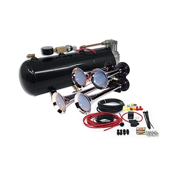 商品名4 Trumpet Train Air Horn Kit - Fits Almost Any Vehicle: Truck, Car, Jeep or SUV. Includes Four Chrome Trumpets with A...