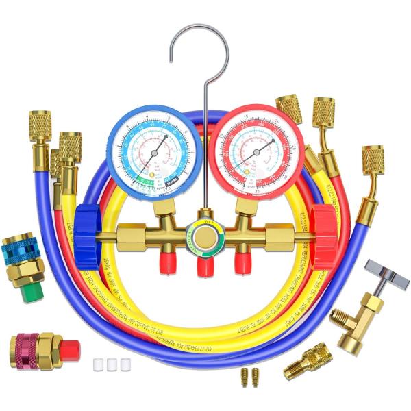 商品名AURELIO TECH 3 Way AC Manifold Gauge Set, Fits for R134A R12 R22 and R502 Refrigerants, with 5FT Hose, Acme Tank Adap...