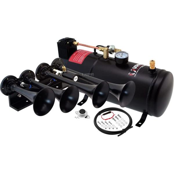 商品名Vixen Horns トレインホーンキット トラック/車/セミ用 コンプリートオンボードシステム - 150psiエアコンプレッサー、1ガロンタンク、トランペット4個。 超大音量dB。 ピックアップ/ジープ/RV/SUV 12v V...