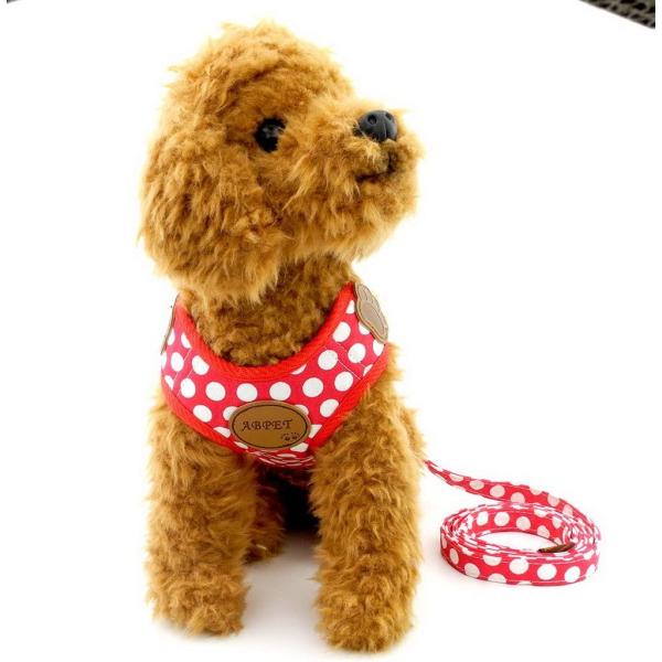 商品名ドット柄犬ハーネス 小型犬/猫 胴輪 首輪リードセッ メッシュ肉球 可愛い水玉 通気性 調節可能 お出かけ おしゃれ ペット用品 レッド LSELMAI Small Dog Harness Vest Leash Set Polka D...
