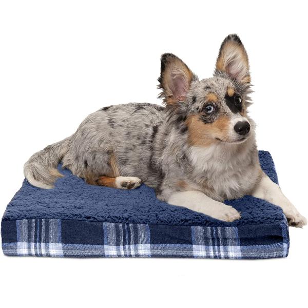 商品名Furhaven Small Memory Foam Dog Bed Sherpa &amp; Plaid Flannel Mattress w/ Removable Washable Cover - Midnight Blue, S...