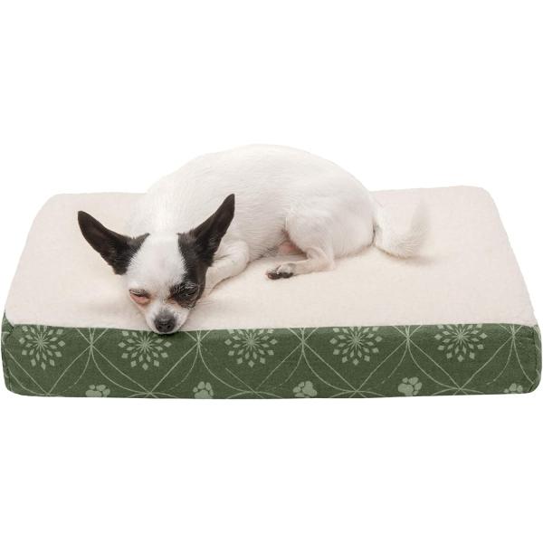 商品名Furhaven Small Memory Foam Dog Bed Sherpa &amp; Flannel Paw Print Mattress w/ Removable Washable Cover - Jade Green, ...