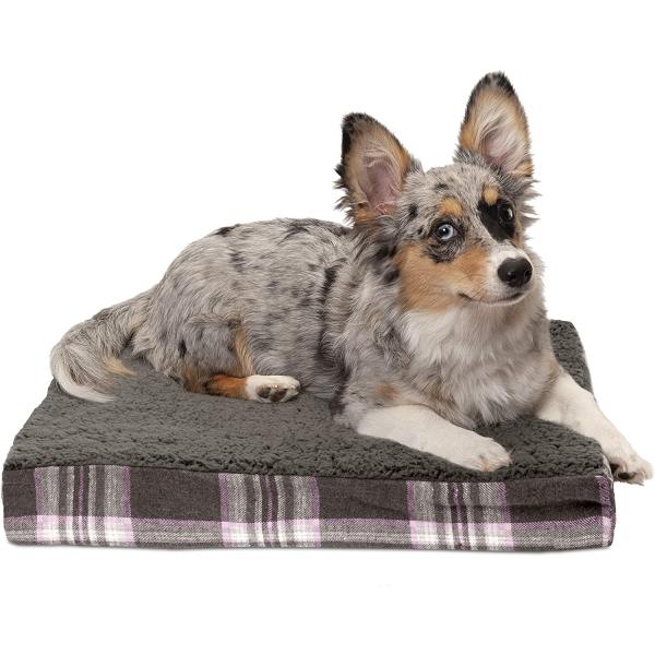 商品名Furhaven Small Memory Foam Dog Bed Sherpa &amp; Plaid Flannel Mattress w/ Removable Washable Cover - Java Brown, Smal...