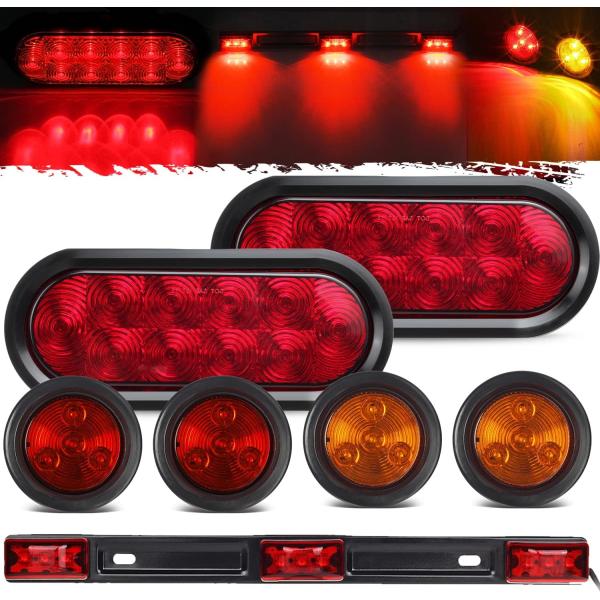 商品名Partsam 12v LED Truck Trailer Light Kit Waterproof,2x 6 Oval Red Stop Turn Tail Brake Lights+14.17"" Red 3 Light 9 LE...